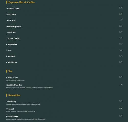 Cafe de Miro menu in Grand Rapids, Michigan, USA