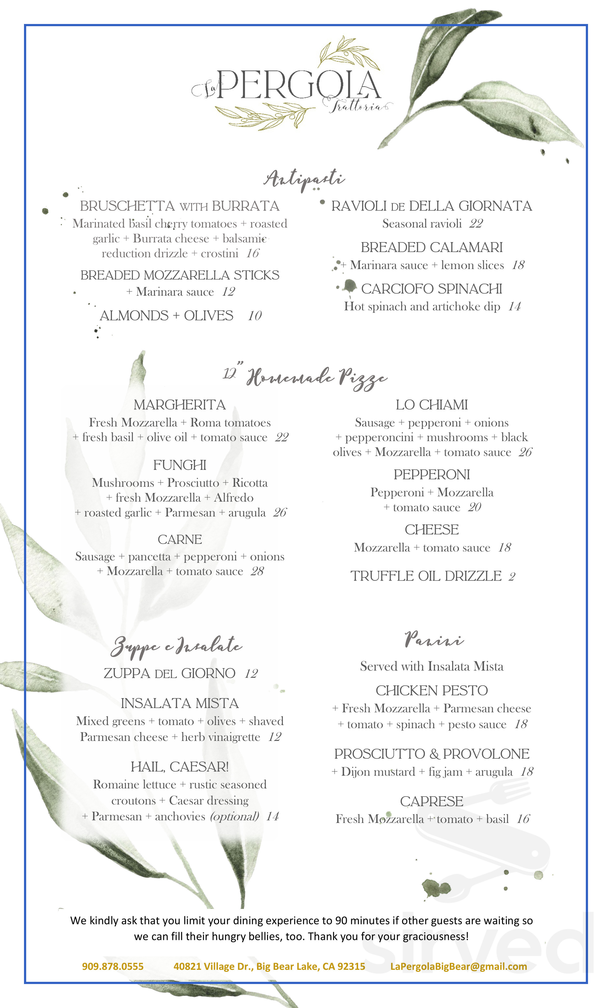 Menu - Big Bear Lake CA's La Pergola Trattoria | Sirved
