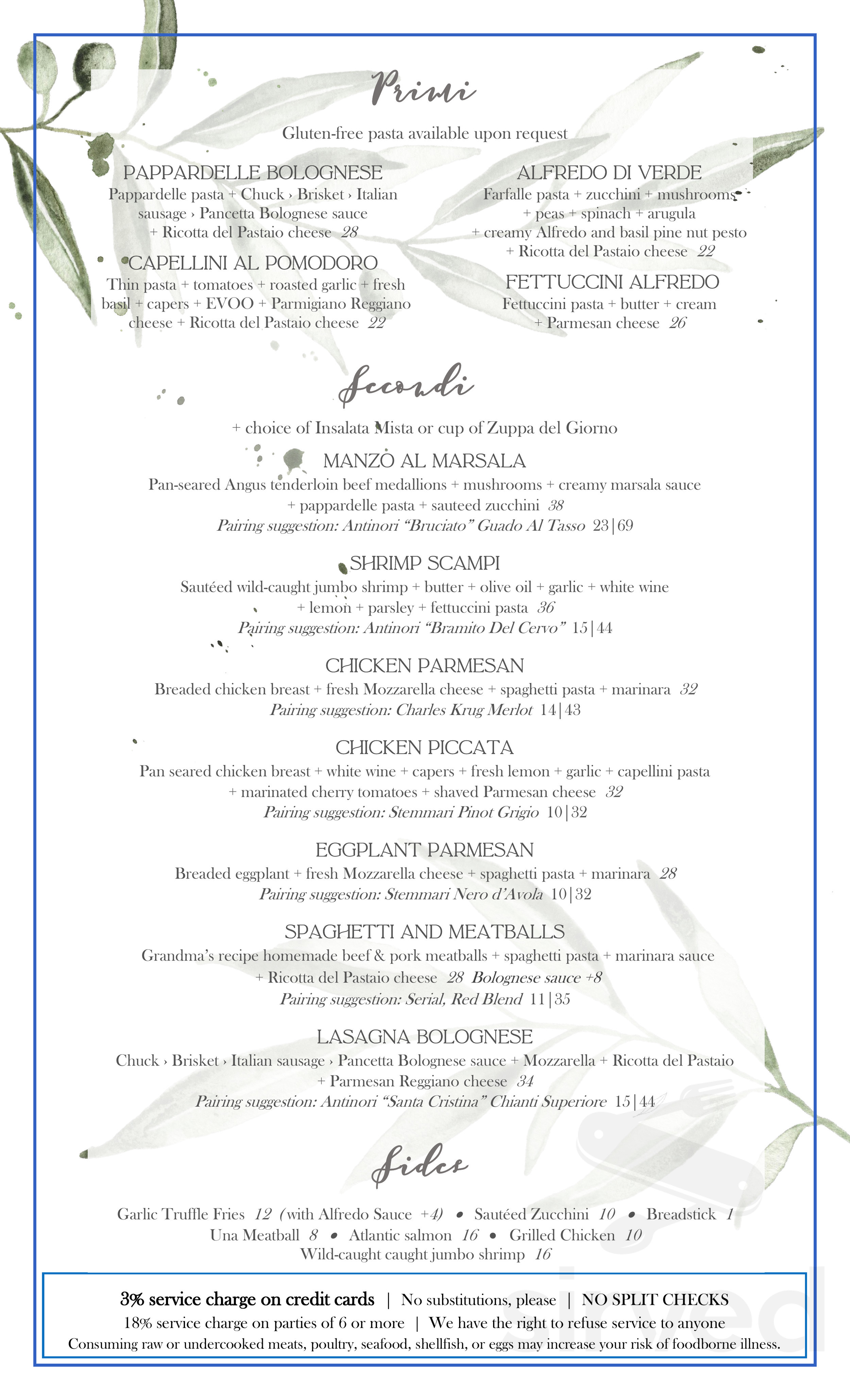 La Pergola Trattoria menu in Big Bear Lake, California, USA
