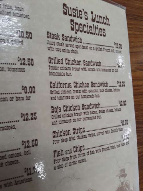 Susie's Country Oaks Café menu in Roseville, California, USA