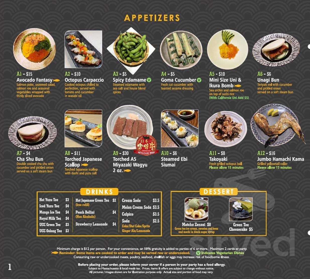 Tora Japanese Restaurant menu in Boston, Massachusetts, USA