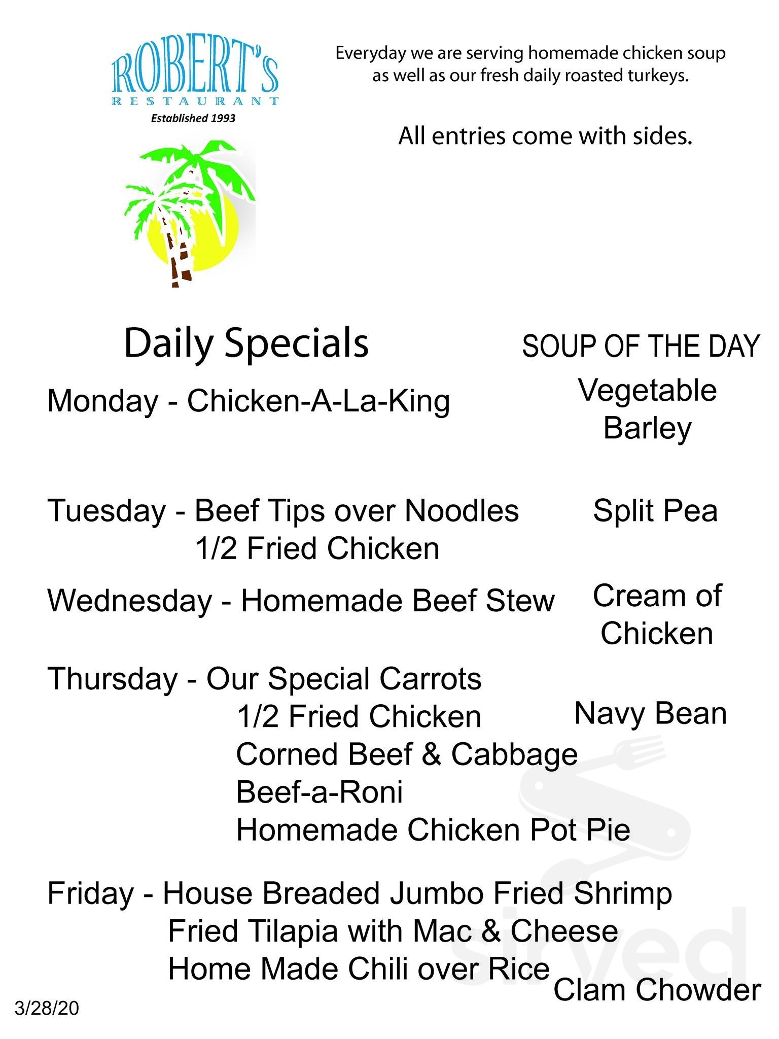 Menu for Robert's Restaurant in Dania Beach, FL | Sirved