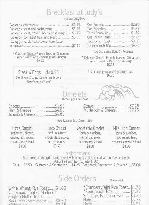 Judy's Cafe menu in Two Harbors, Minnesota, USA