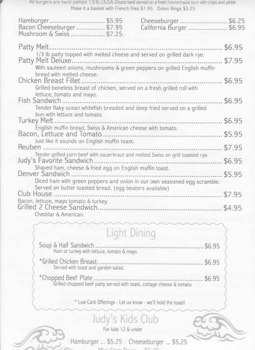 Judy's Cafe menu in Two Harbors, Minnesota, USA