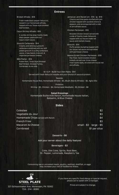 The Steel Plate menu in Monessen, Pennsylvania, USA