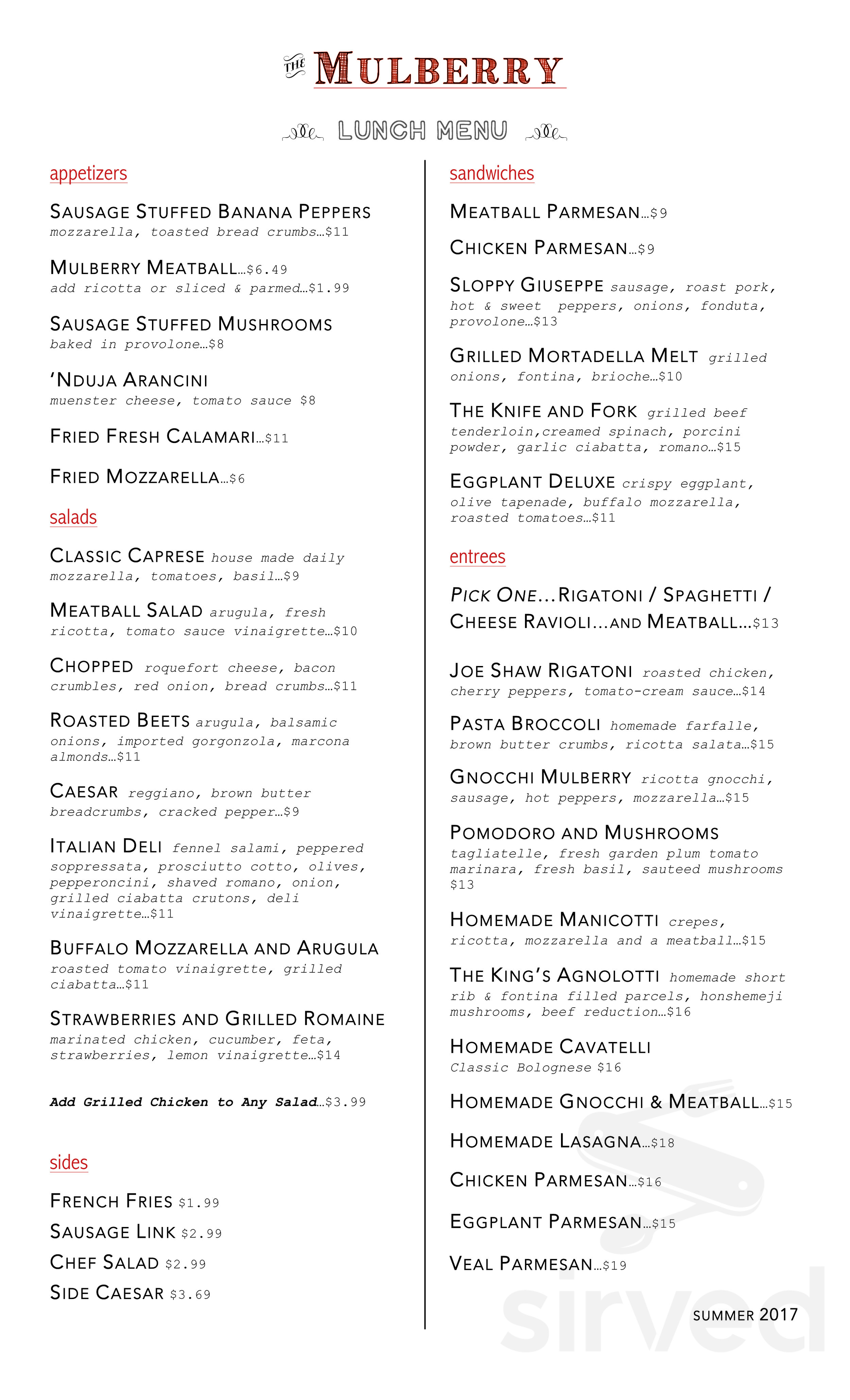 Mulberry Italian Ristorante menu in Lackawanna, New York, USA