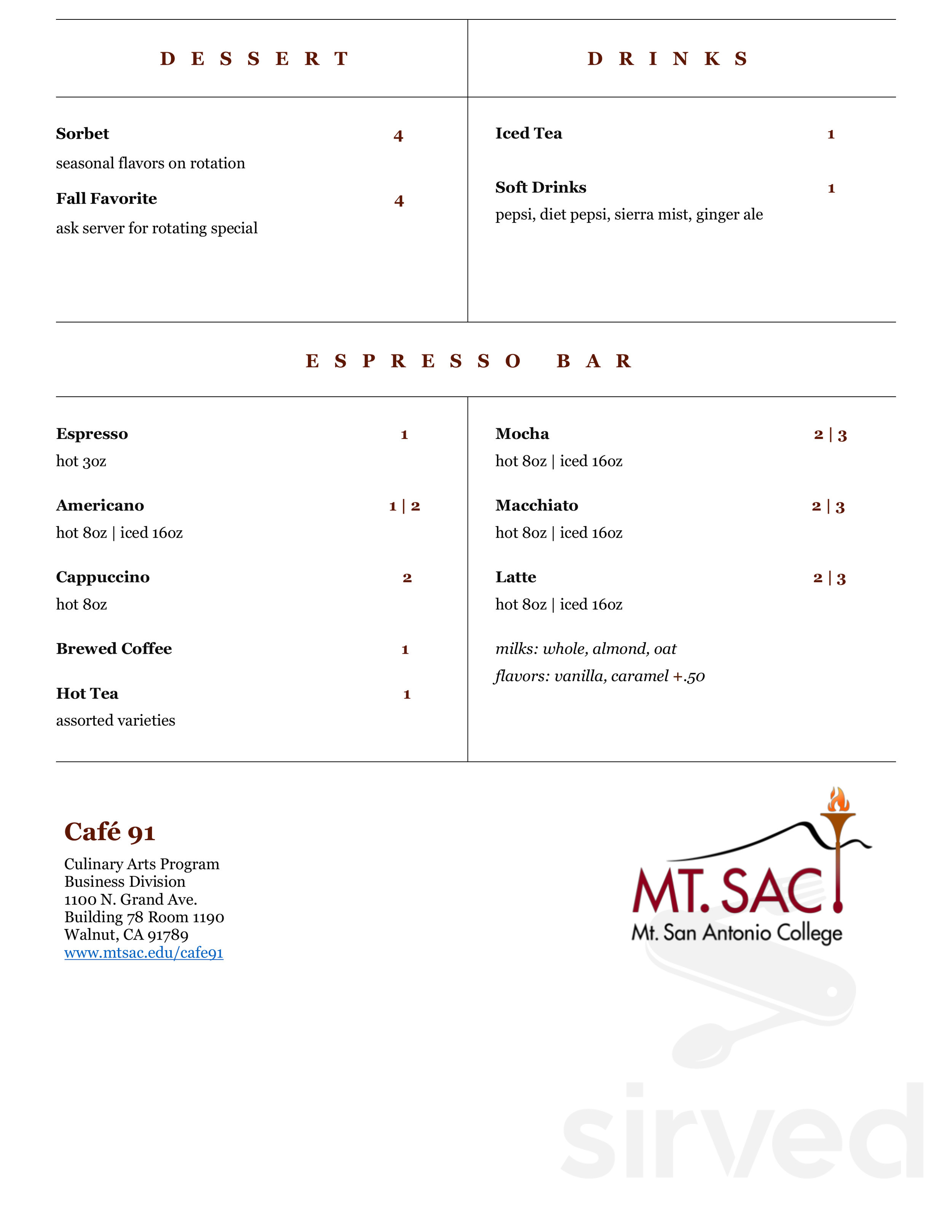 Cafe 91 menus in Walnut, California, United States