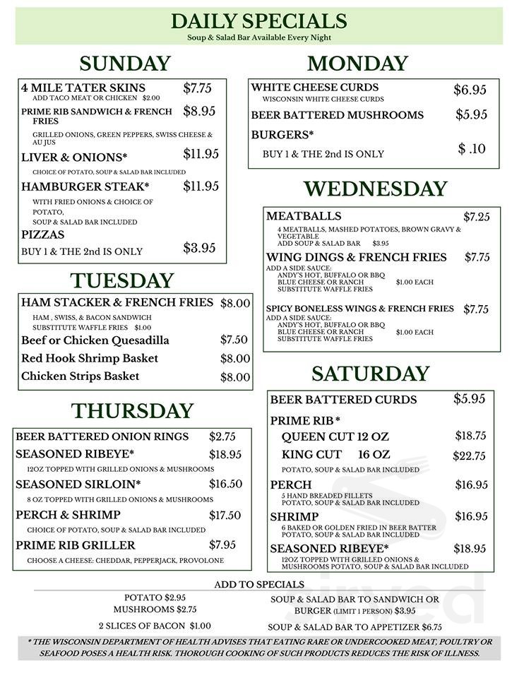 Menu for 4 Mile Restaurant & Bar in Eau Claire, WI | Sirved