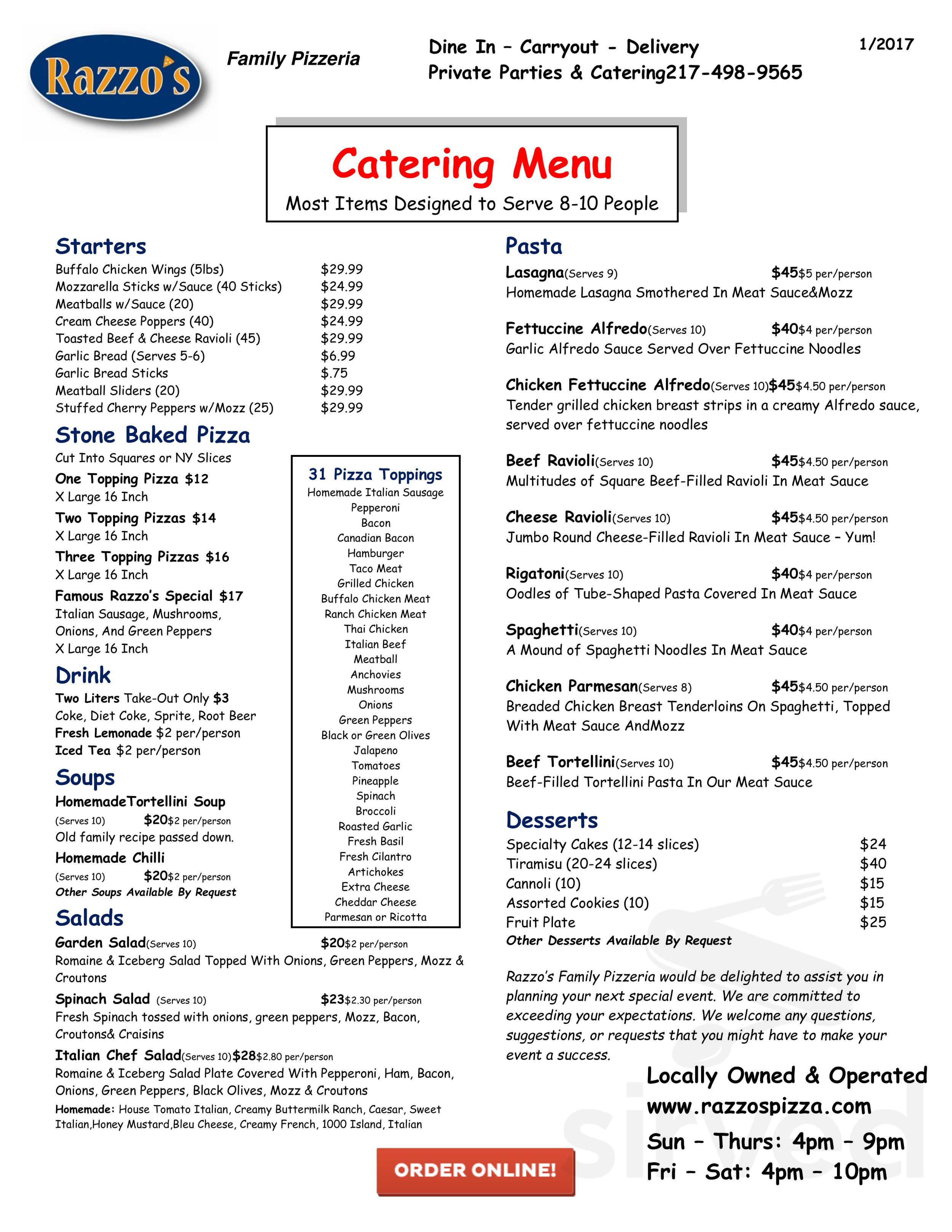 Menu for Razzos Family Pizzeria in Rochester, IL | Sirved