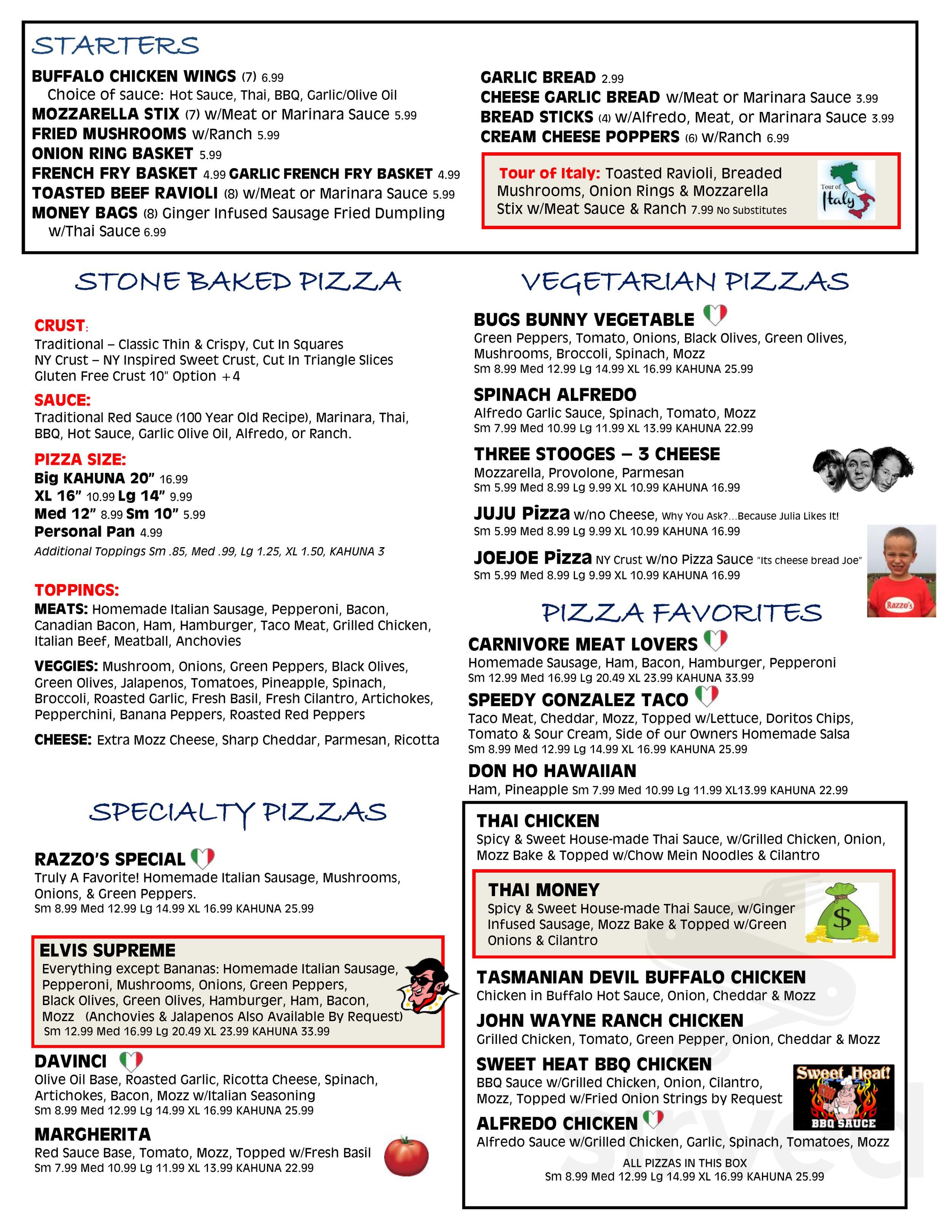 Razzos Family Pizzeria menu in Rochester, Illinois, USA