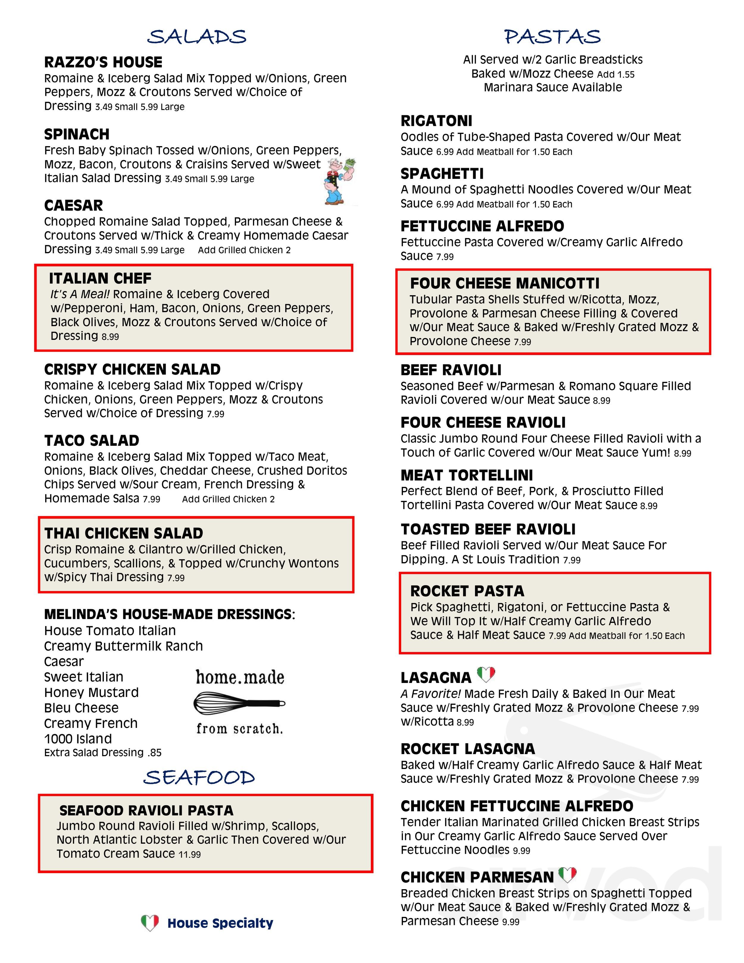 Razzos Family Pizzeria menu in Rochester, Illinois, USA