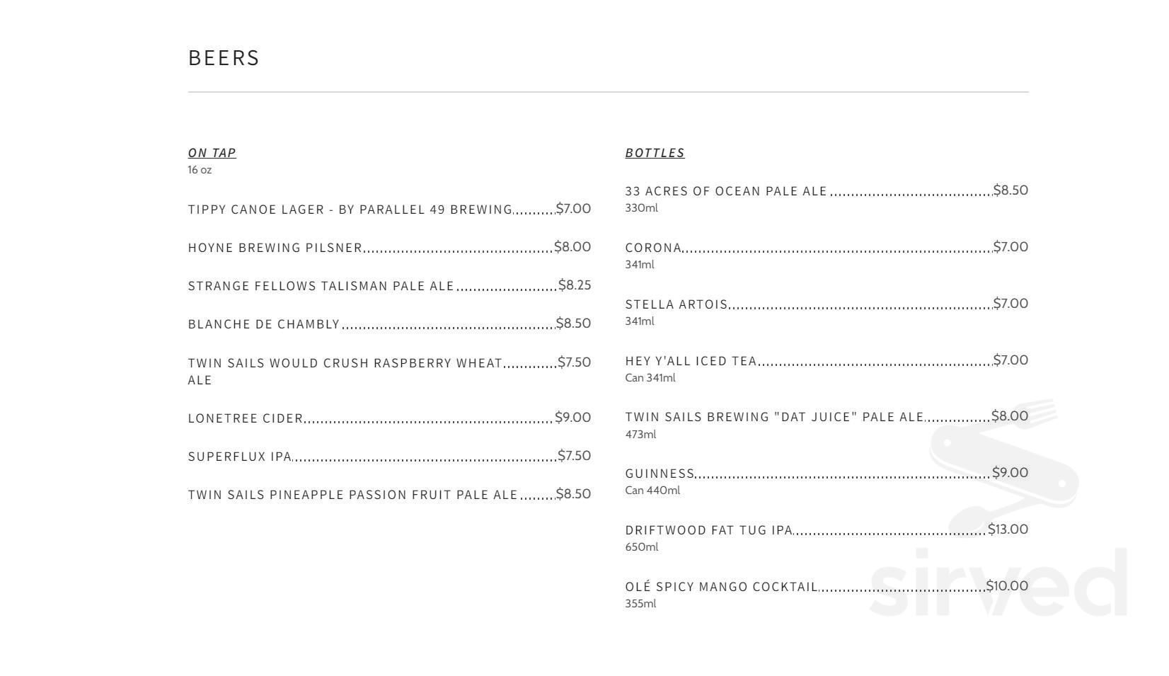 The Parlour menu in Vancouver, British Columbia, Canada