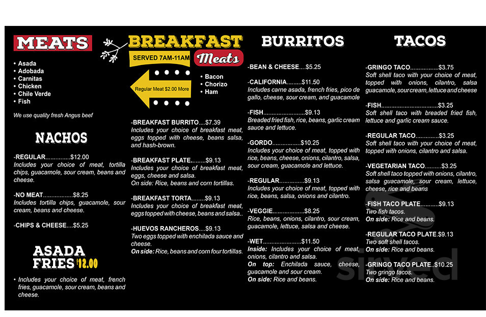 Pancho's Taco menu in Redondo Beach, California, USA