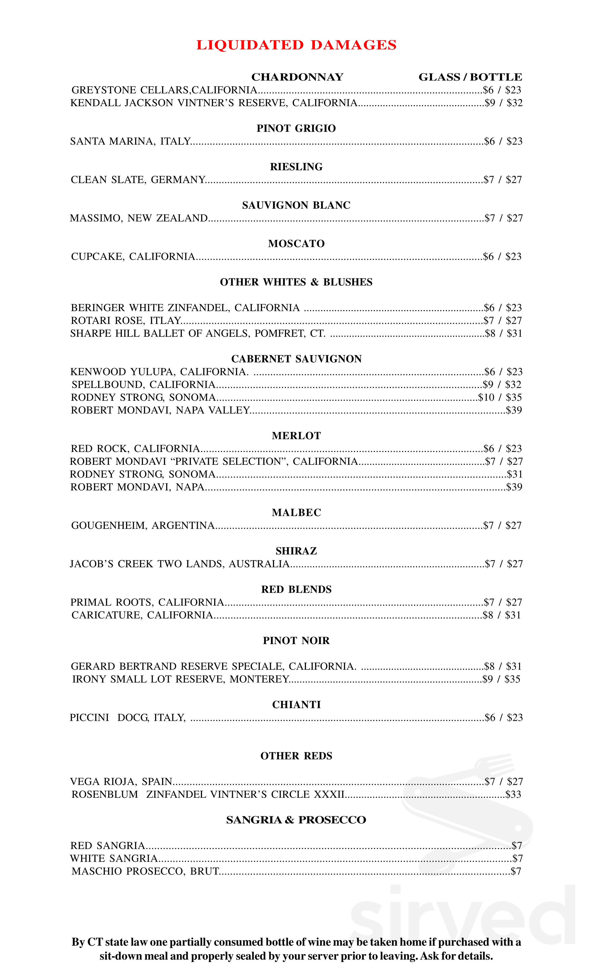 Menu for Courthouse Bar and Grille in Putnam, CT | Sirved