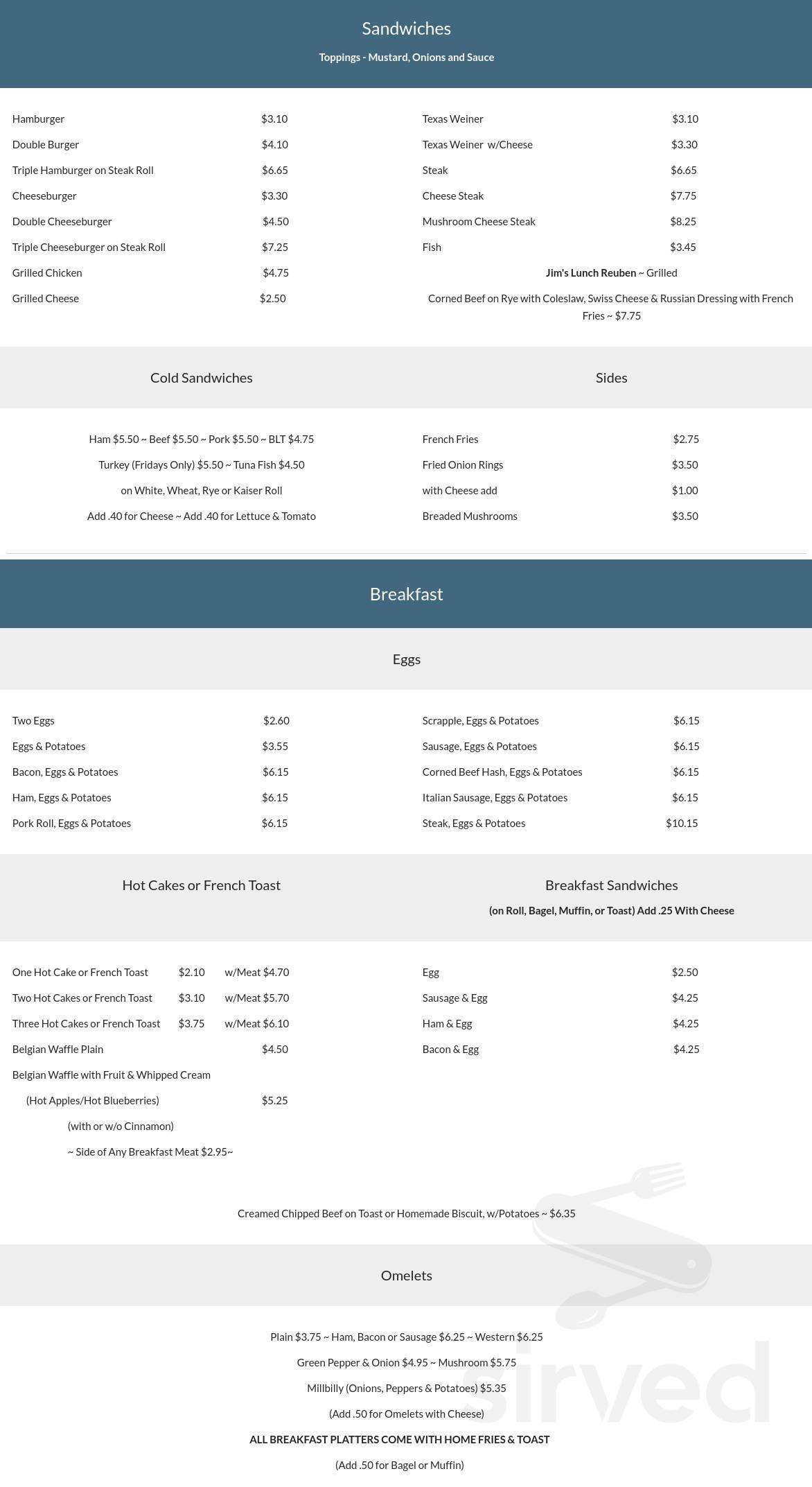 Menu for Jim's Lunch in Millville, NJ | Sirved