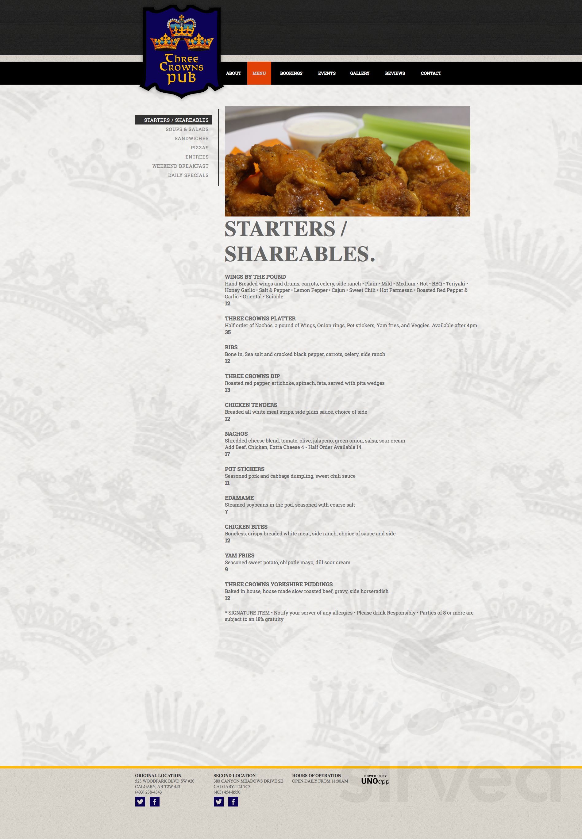 Red Crowns Pub menus in Calgary, Alberta, Canada