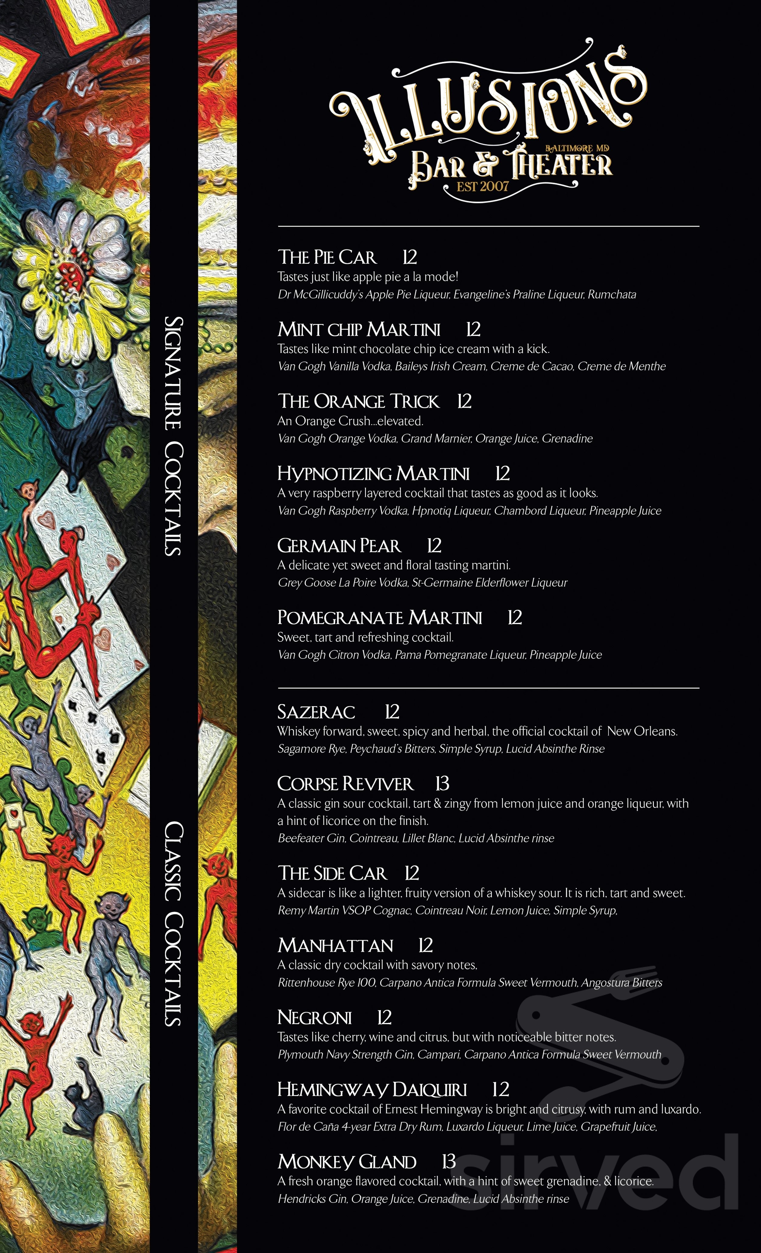 Illusions Bar & Theater menu in Baltimore, Maryland, USA