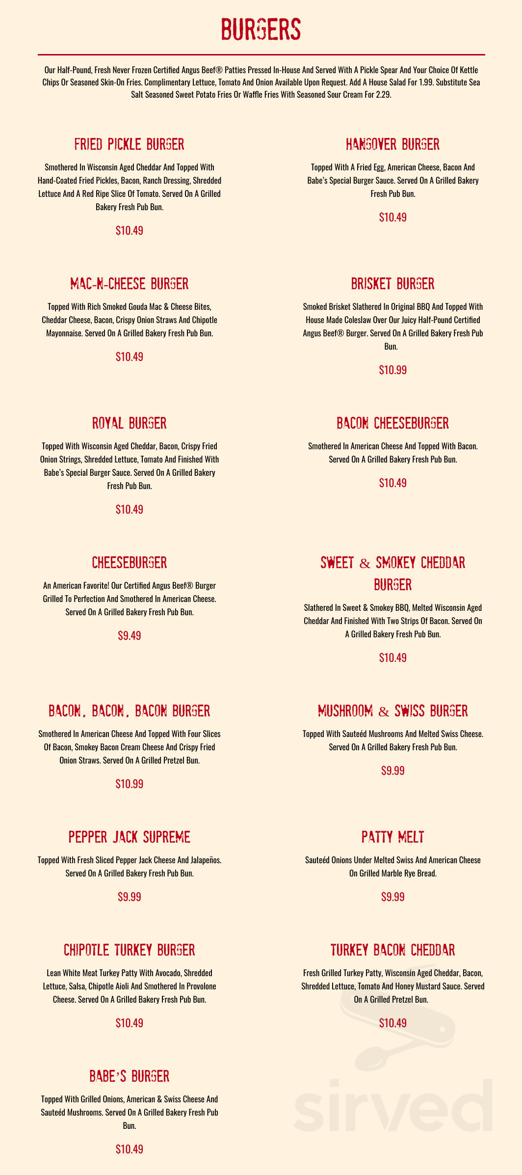 Babe's Music Bar menu in Lakeville, Minnesota, USA