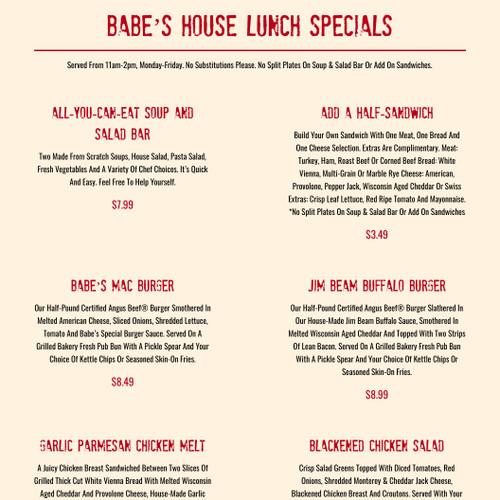 Babe's Music Bar menu in Lakeville, Minnesota, USA