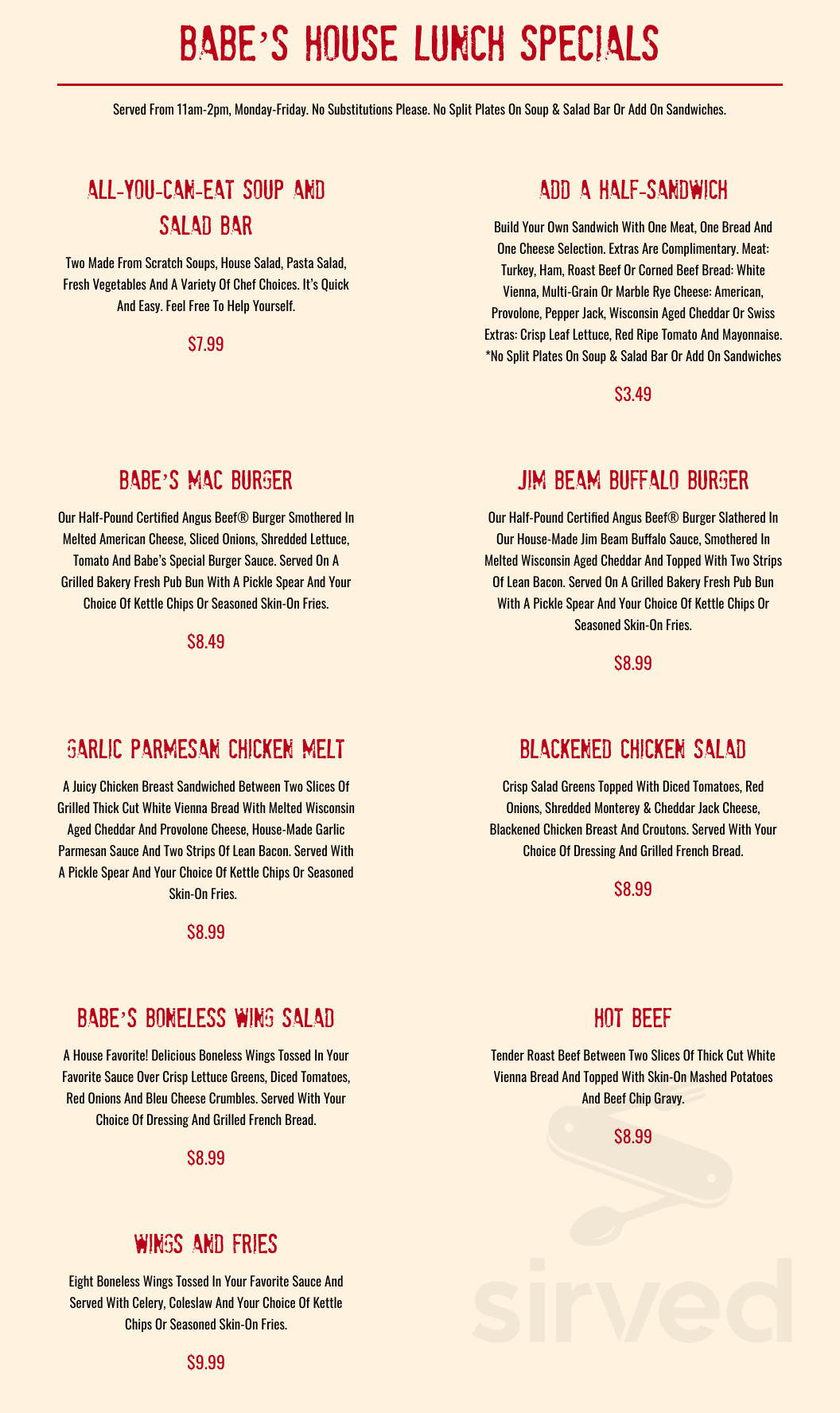 Babe's Music Bar menu in Lakeville, Minnesota, USA