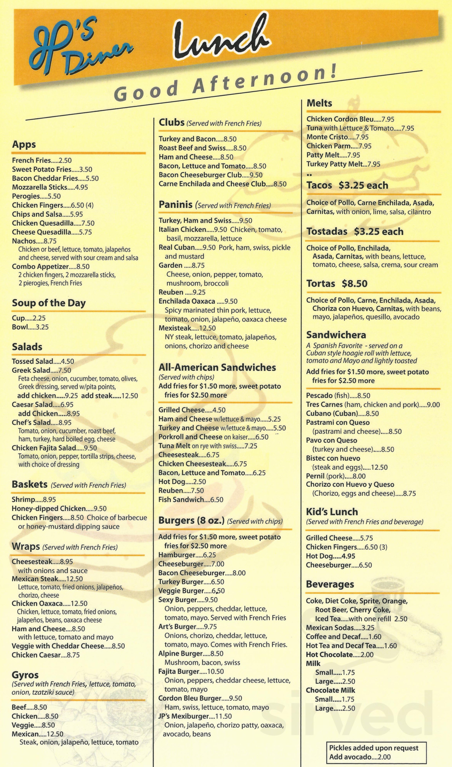 Jp's Diner menu in Quakertown, Pennsylvania, USA