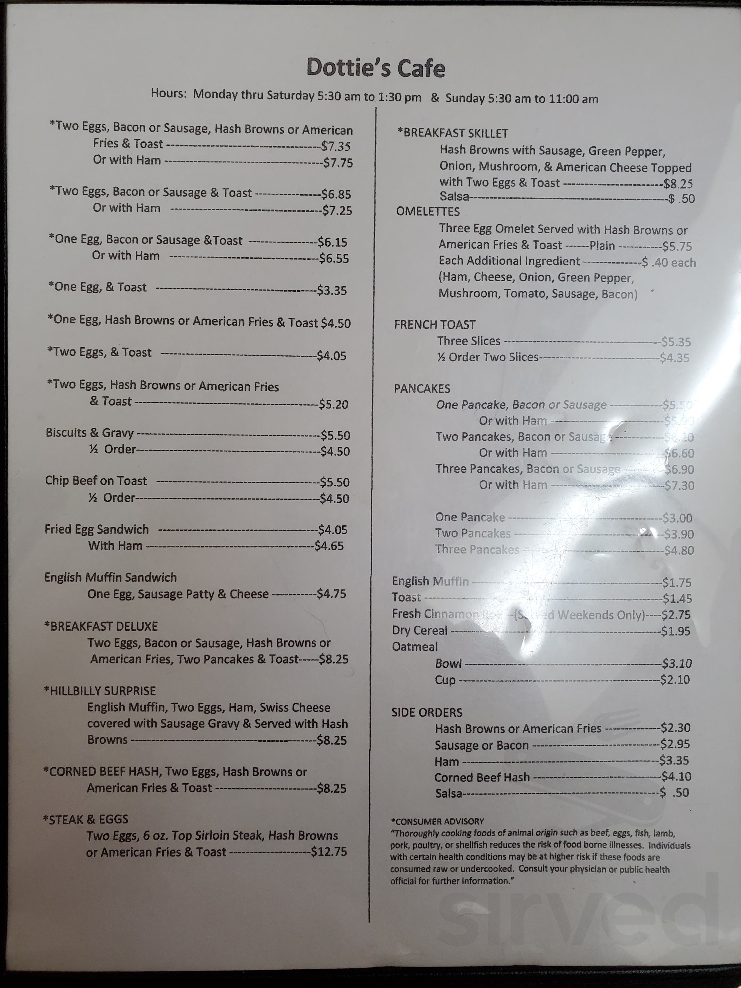 Dottie's Cafe menu in Dubuque, Iowa, USA
