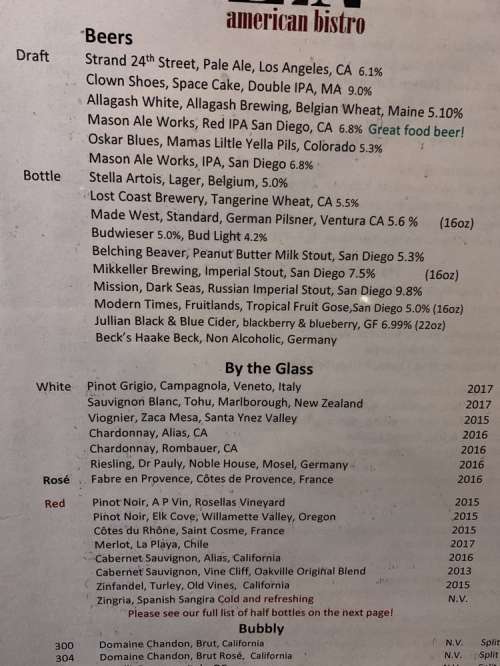Zin American Bistro menu in Palm Springs, California, USA