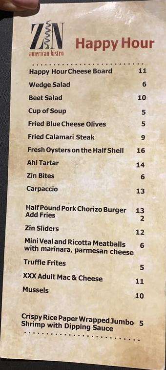 Zin American Bistro menu in Palm Springs, California, USA