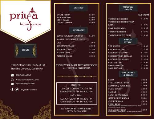 Priya Indian Cuisine menu in Rancho Cordova, California, USA