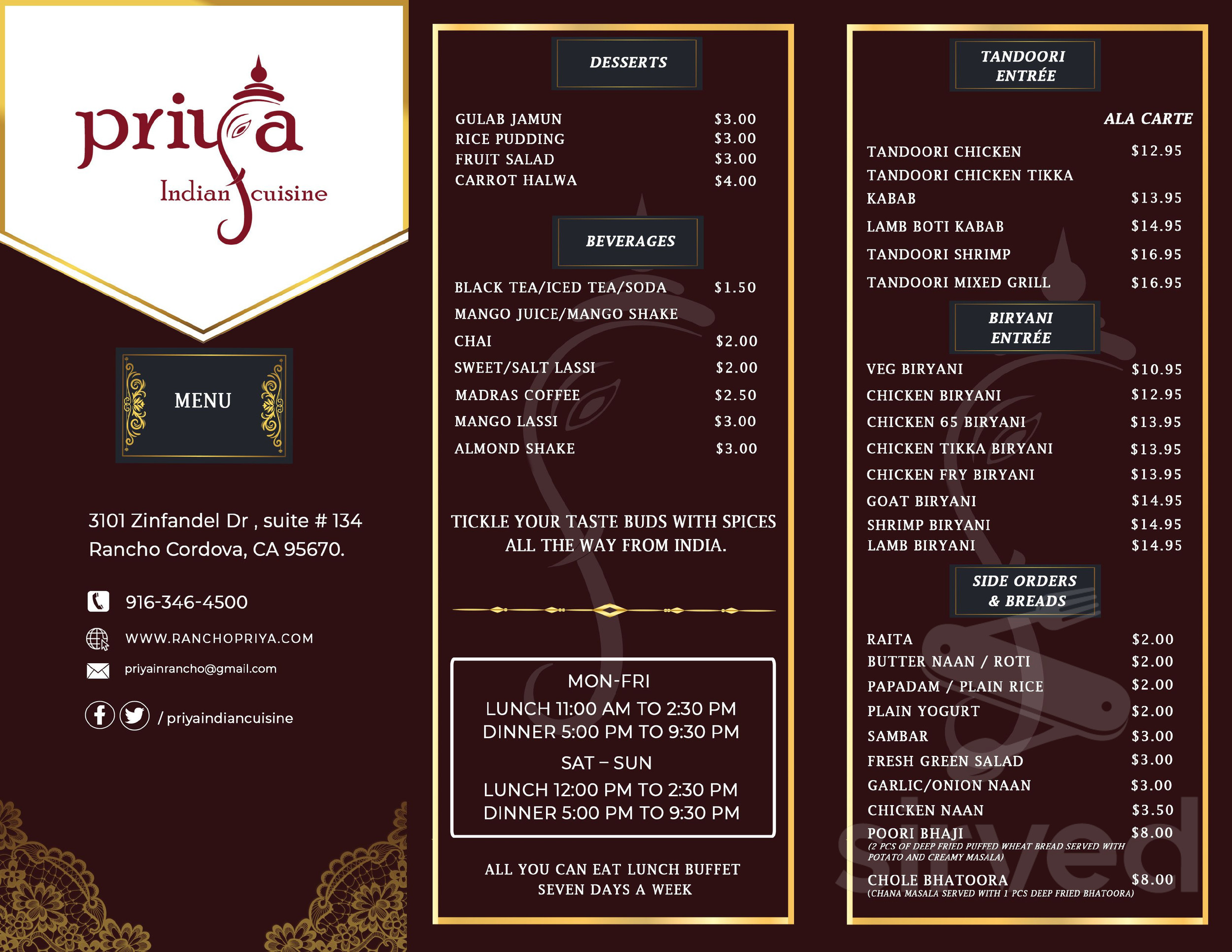 Priya Indian Cuisine menu in Rancho Cordova, California, USA