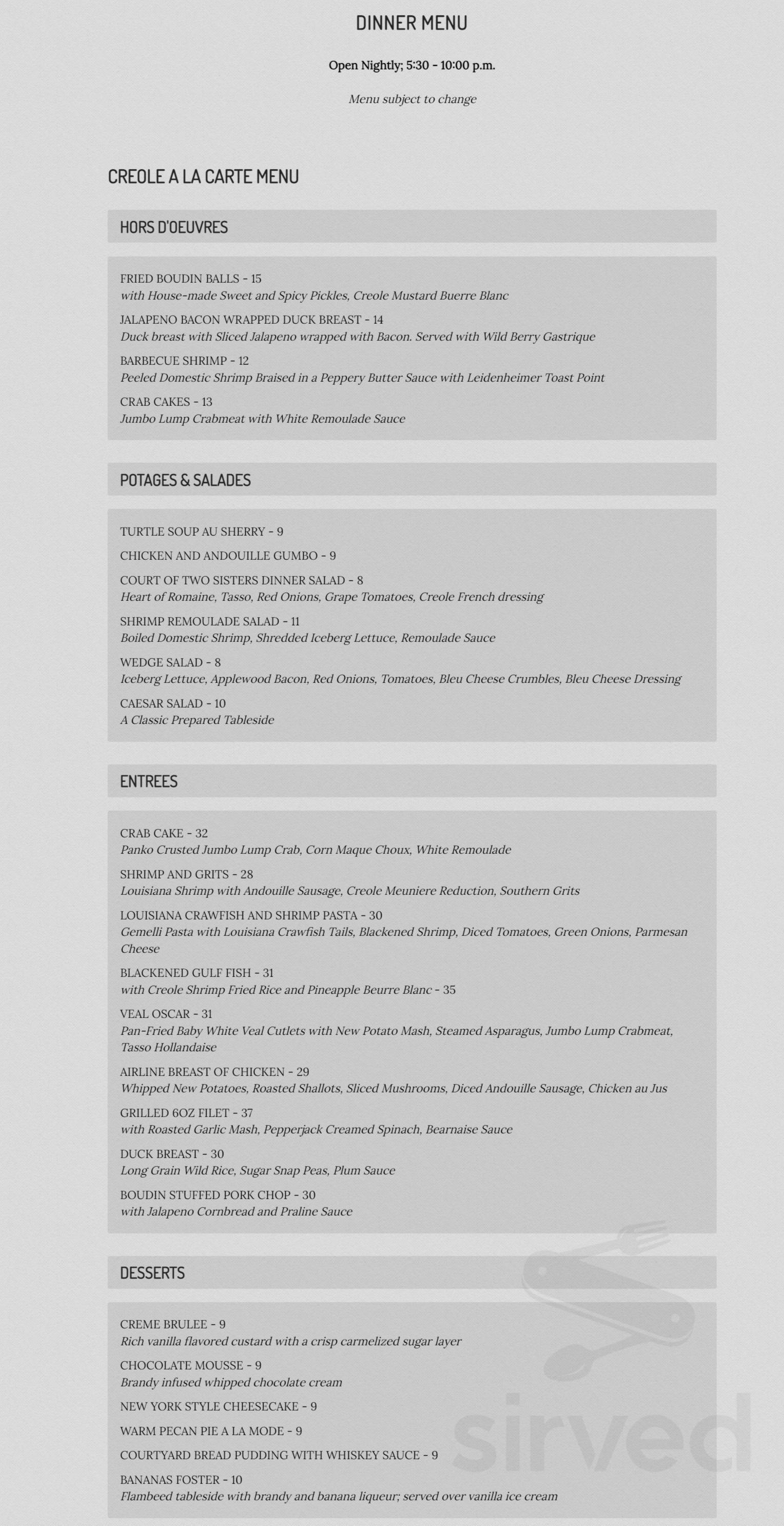 The Court of Two Sisters menu in New Orleans, Louisiana, USA