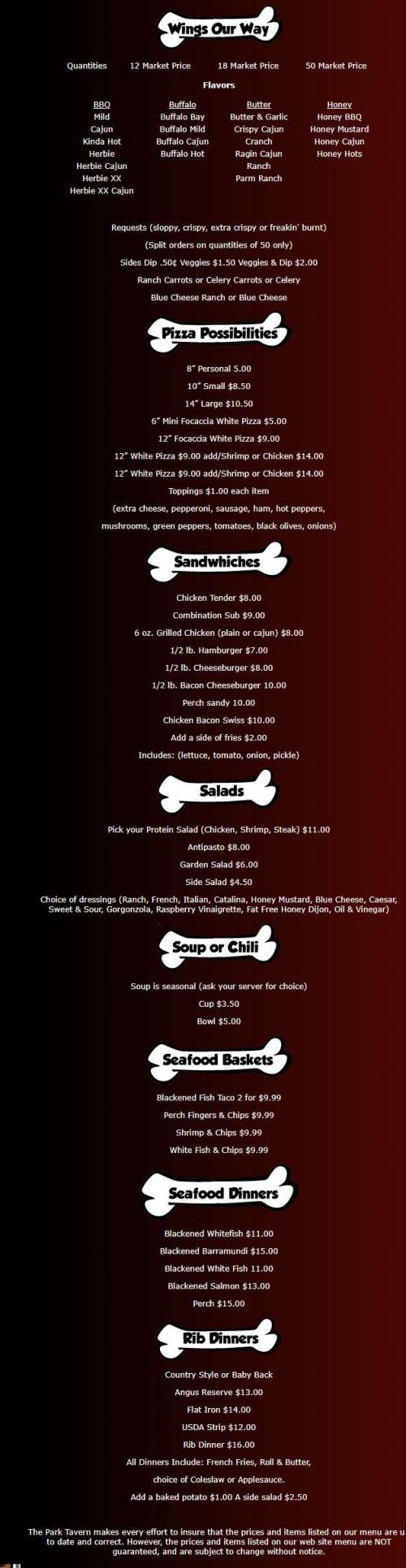 Park Tavern menu in Erie, Pennsylvania, USA