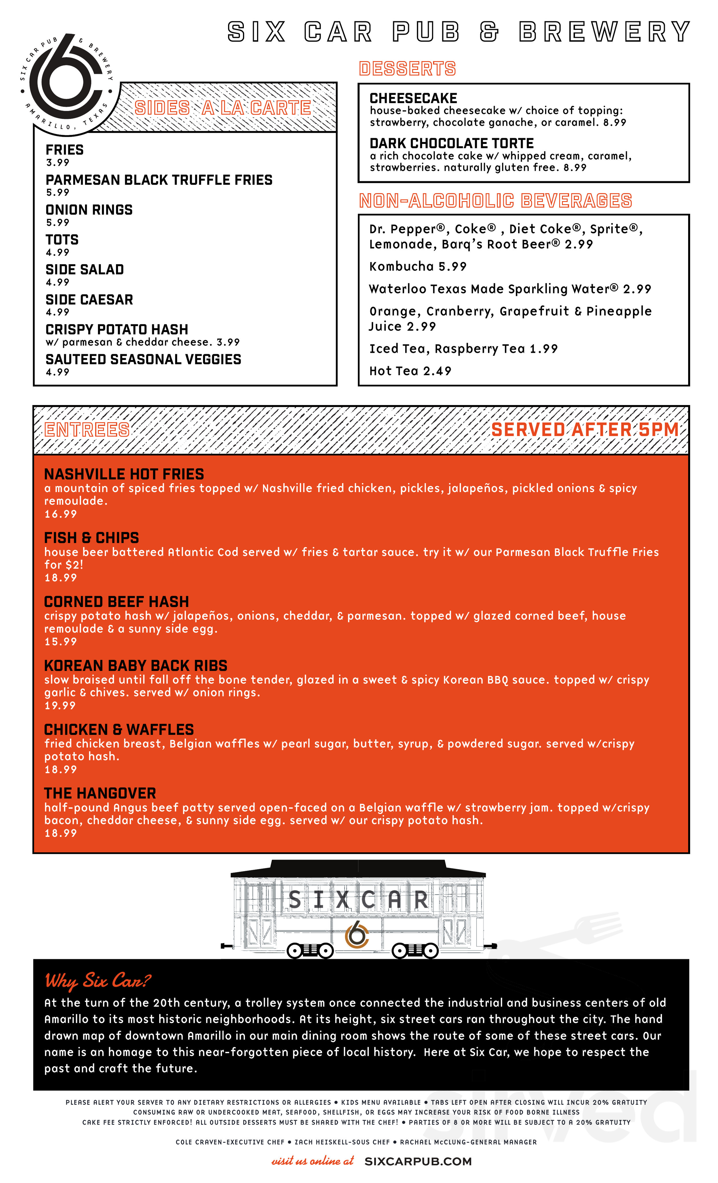 Six Car Pub & Brewery menu in Amarillo, Texas, USA