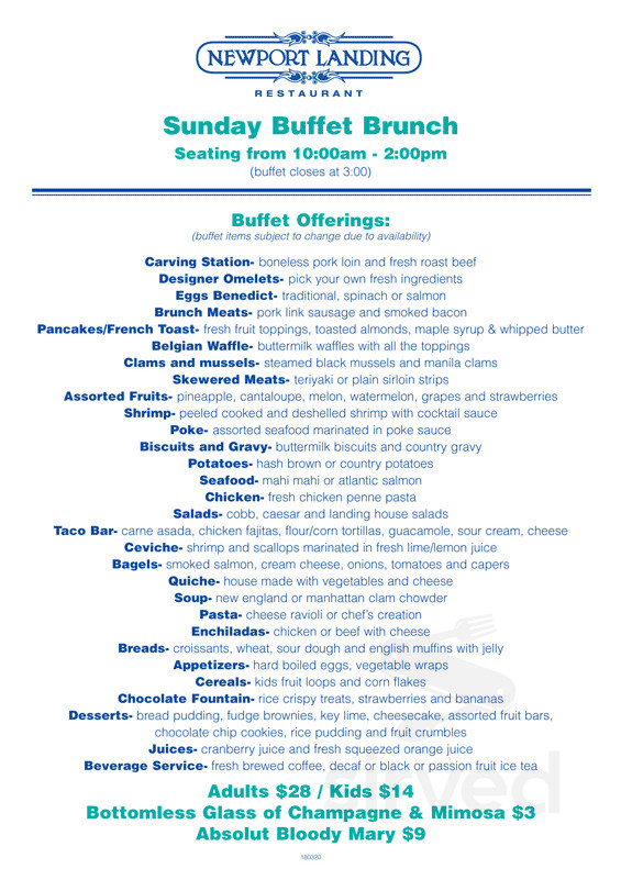 Newport Landing Restaurant menu in Newport Beach, California, USA