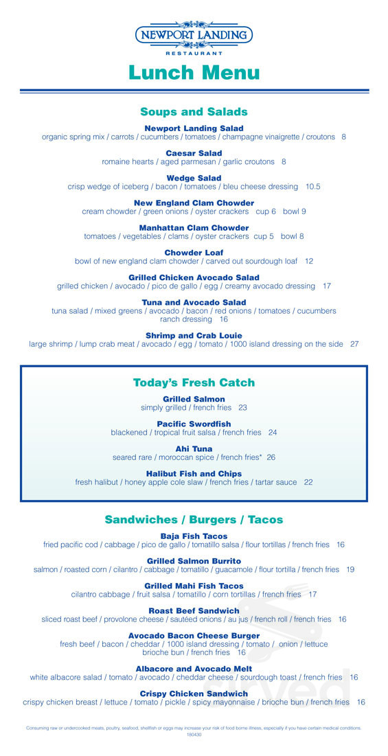 Newport Landing Restaurant menu in Newport Beach, California, USA