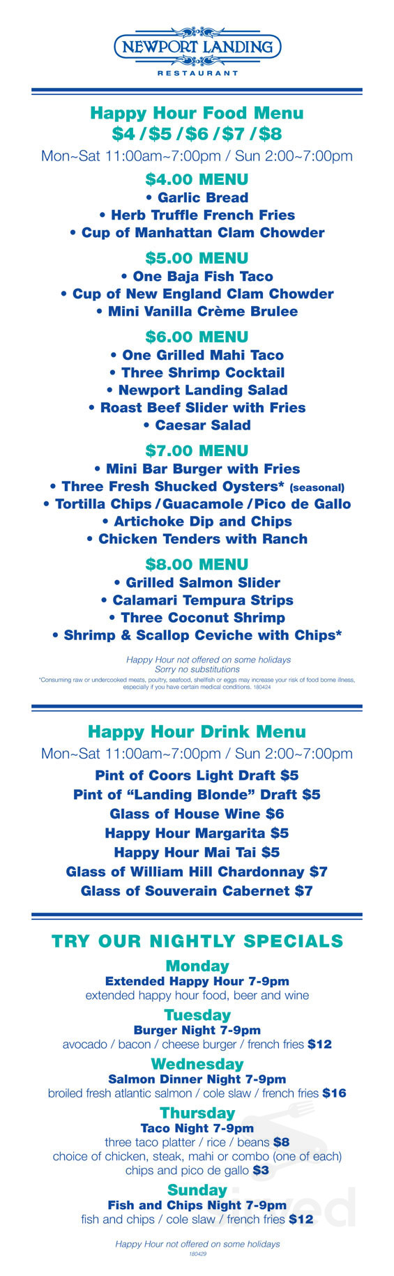 Newport Landing Restaurant menu in Newport Beach, California, USA