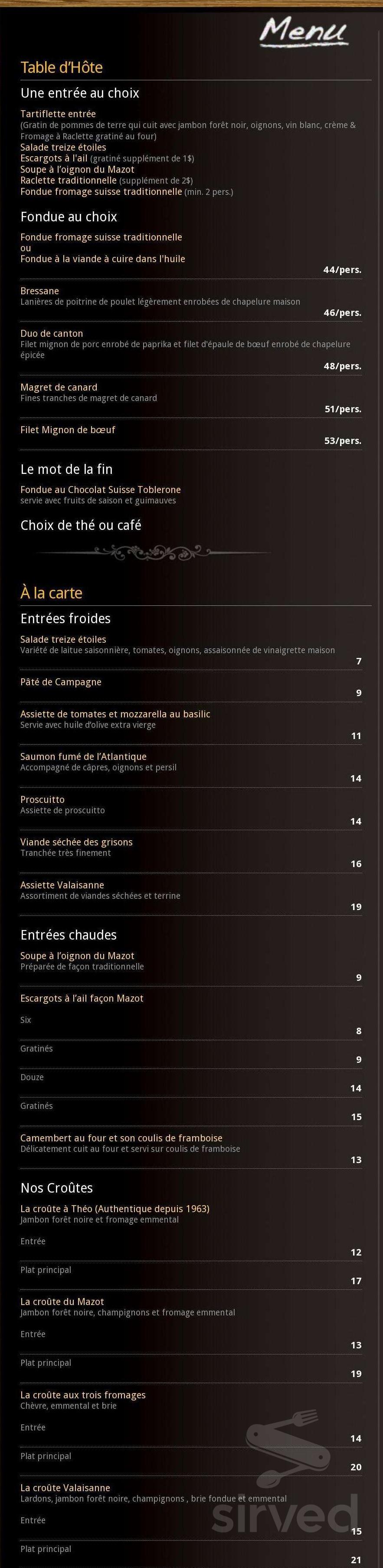 Menu - Val-Morin QC's Mazot Suisse | Sirved