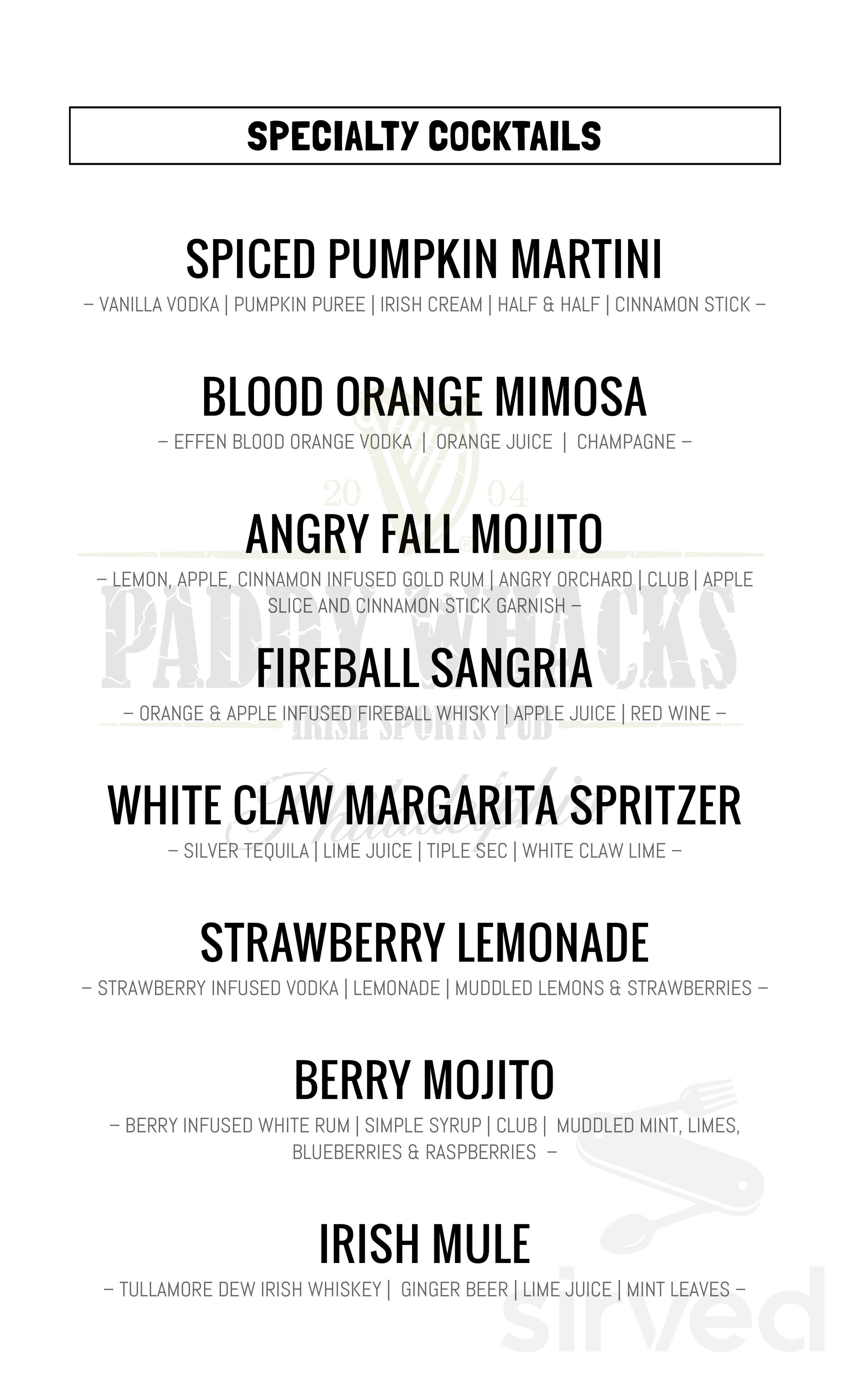 Paddy Whacks Irish Sports Pub - Welsh Road menus in Philadelphia ...