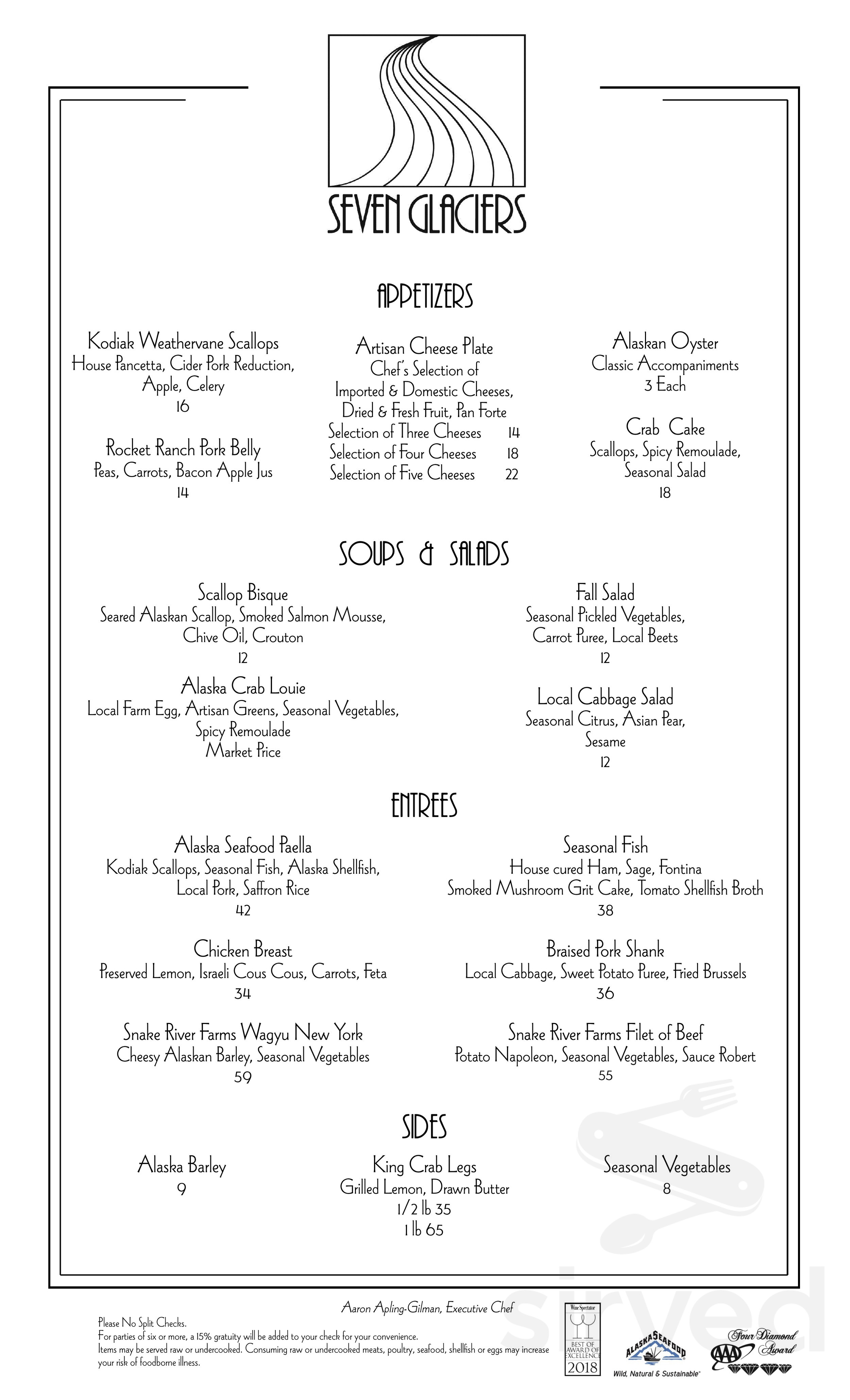 Menu for Seven Glaciers Restaurant in Girdwood, AK | Sirved