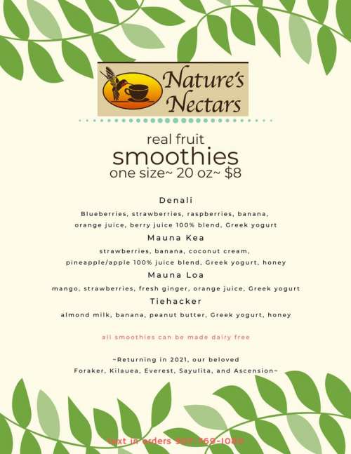 Nature's Nectars menu in Seward, Alaska, USA
