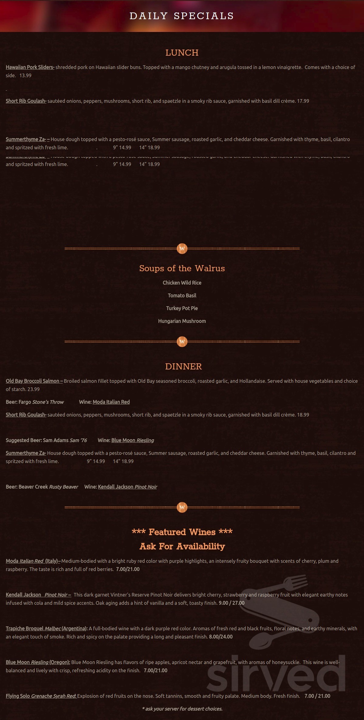 Walrus Restaurant menu in Bismarck, North Dakota, USA