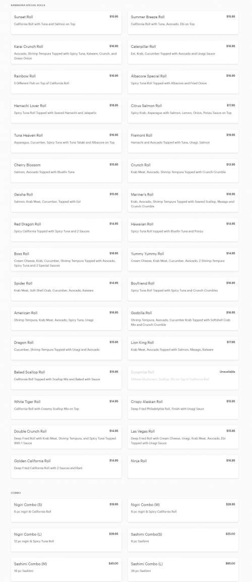 Kamakura Japanese Cuisine and Sushi menu in Seattle, Washington, USA