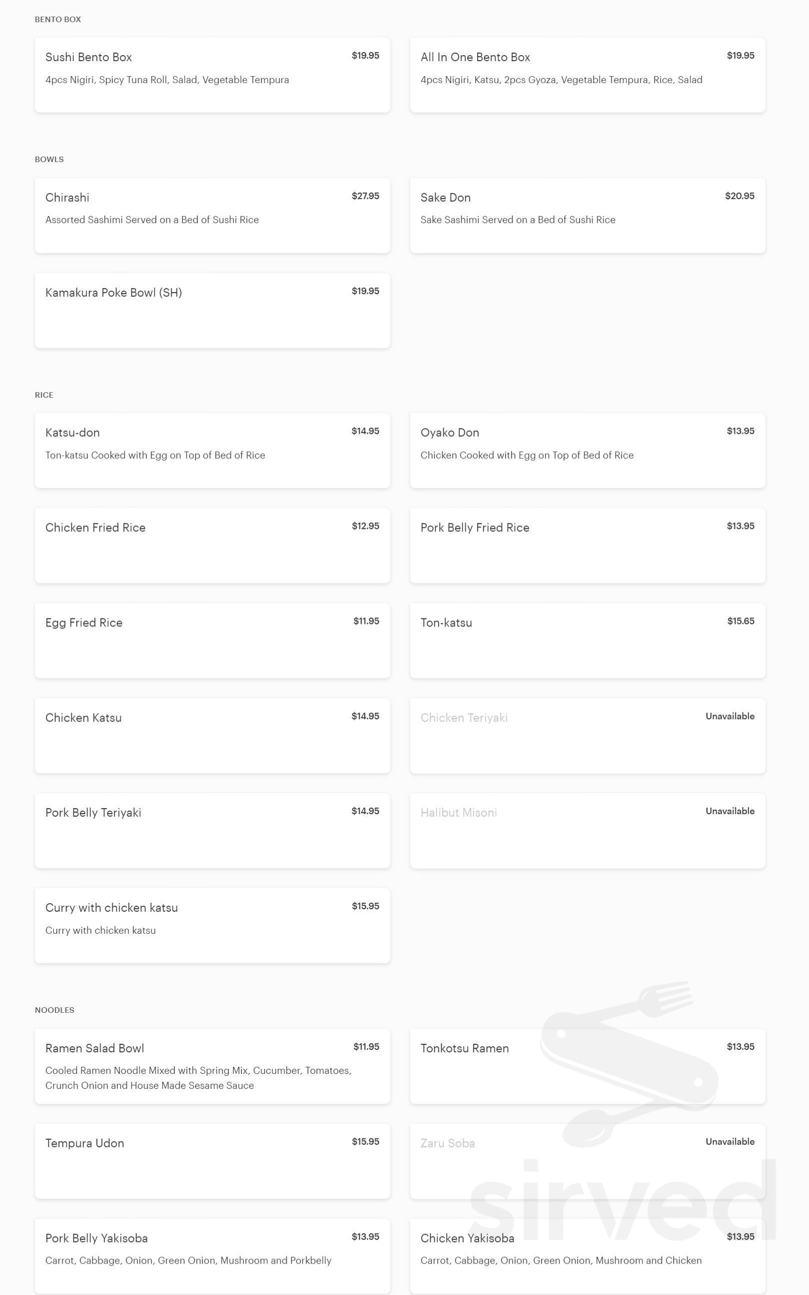 Kamakura Japanese Cuisine and Sushi menu in Seattle, Washington, USA