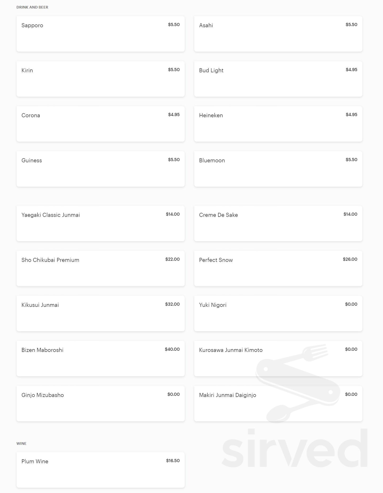 Kamakura Japanese Cuisine and Sushi menu in Seattle, Washington, USA