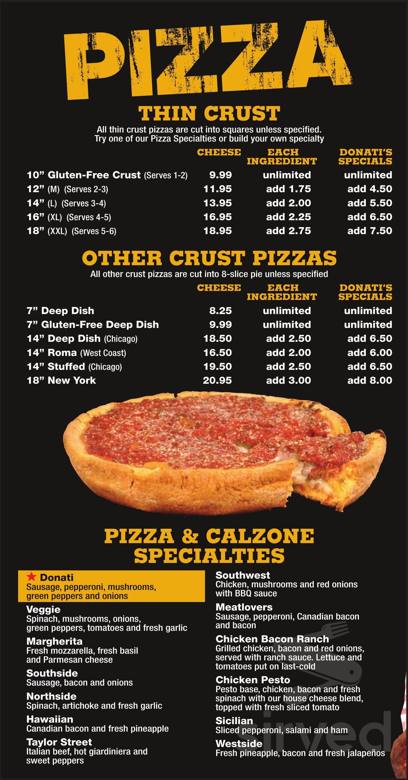 Donati's Pizza menu in Lake Bluff, Illinois, USA