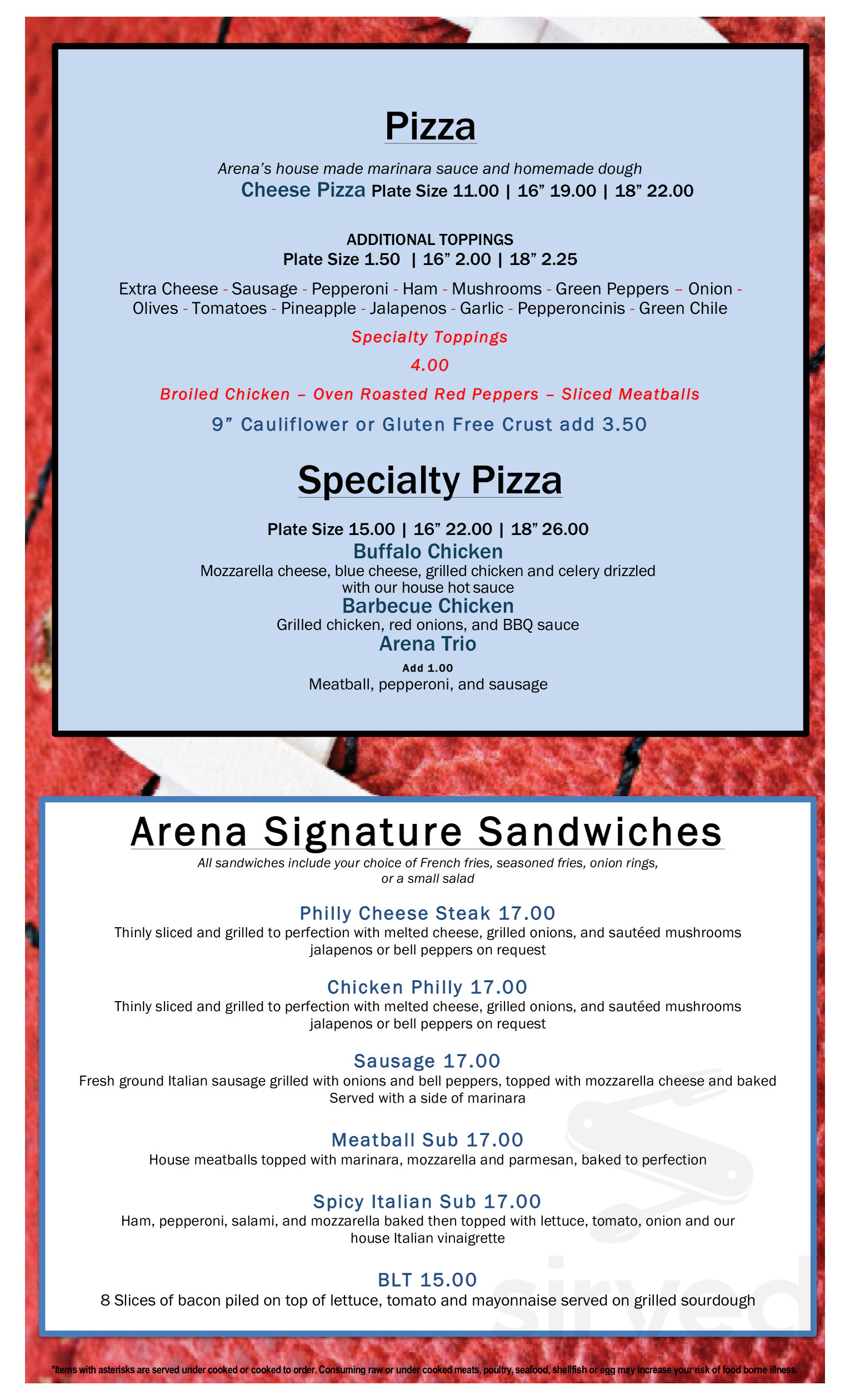 Arena Sports Grill menu in Scottsdale, Arizona, USA