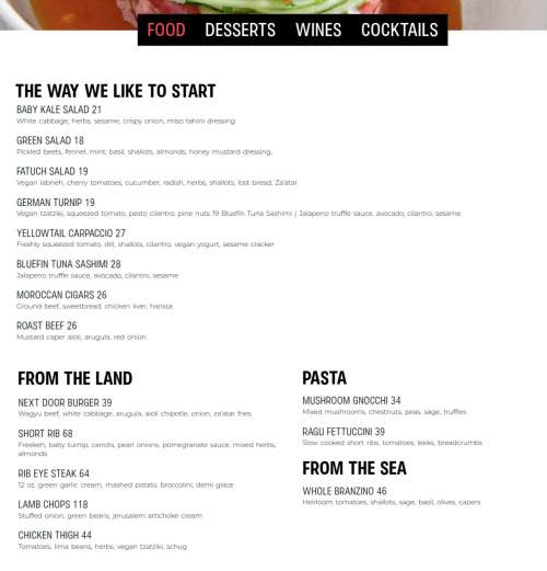 Next Door menu in Los Angeles, California, USA