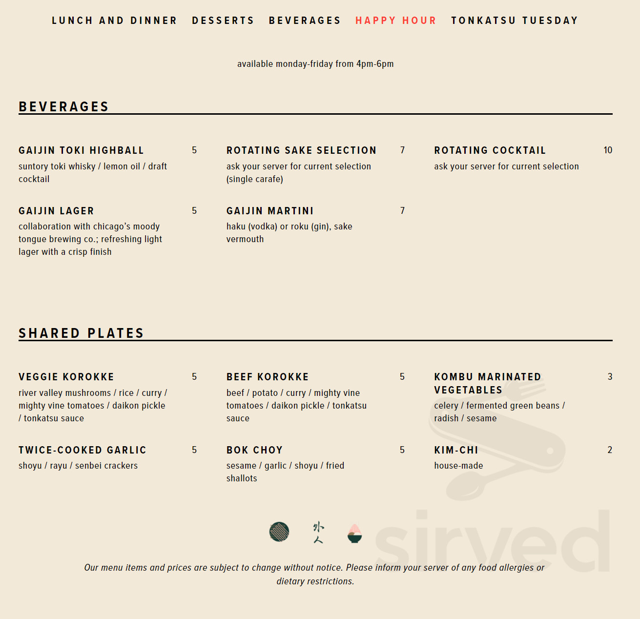 Menu for Gaijin in Chicago, IL | Sirved