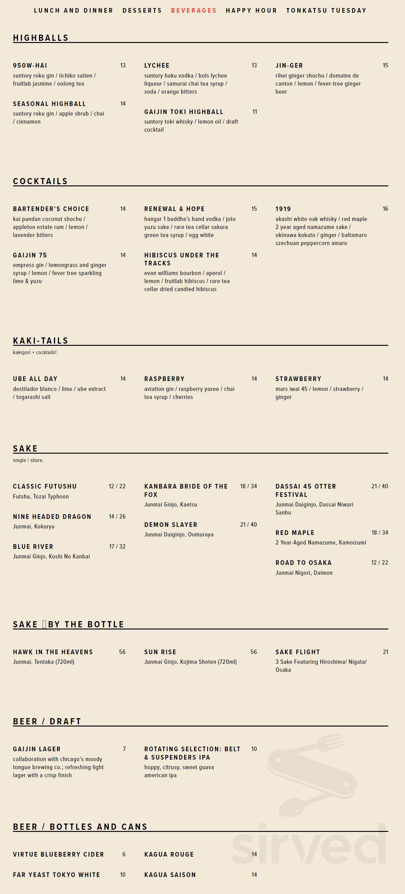 Gaijin menu in Chicago, Illinois, USA
