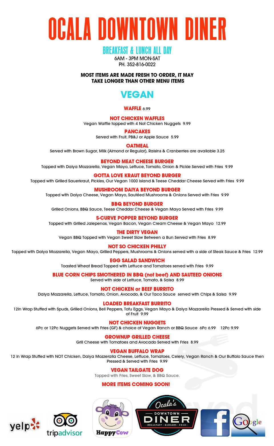 Ocala Downtown Diner menu in Ocala, Florida, USA